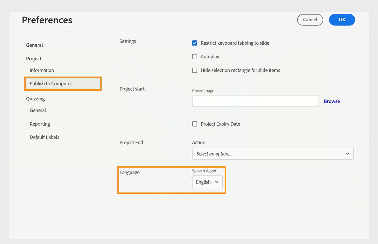 How to add slide accessibility text and set speech agent language in Adobe Captivate